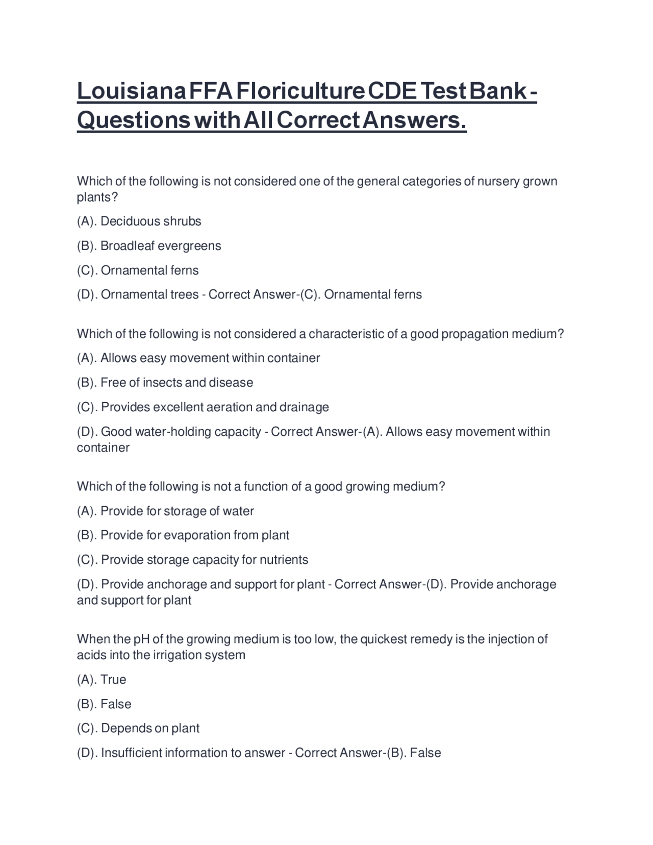 Louisiana FFA Floriculture CDE Test Bank Questions with All Correct ...