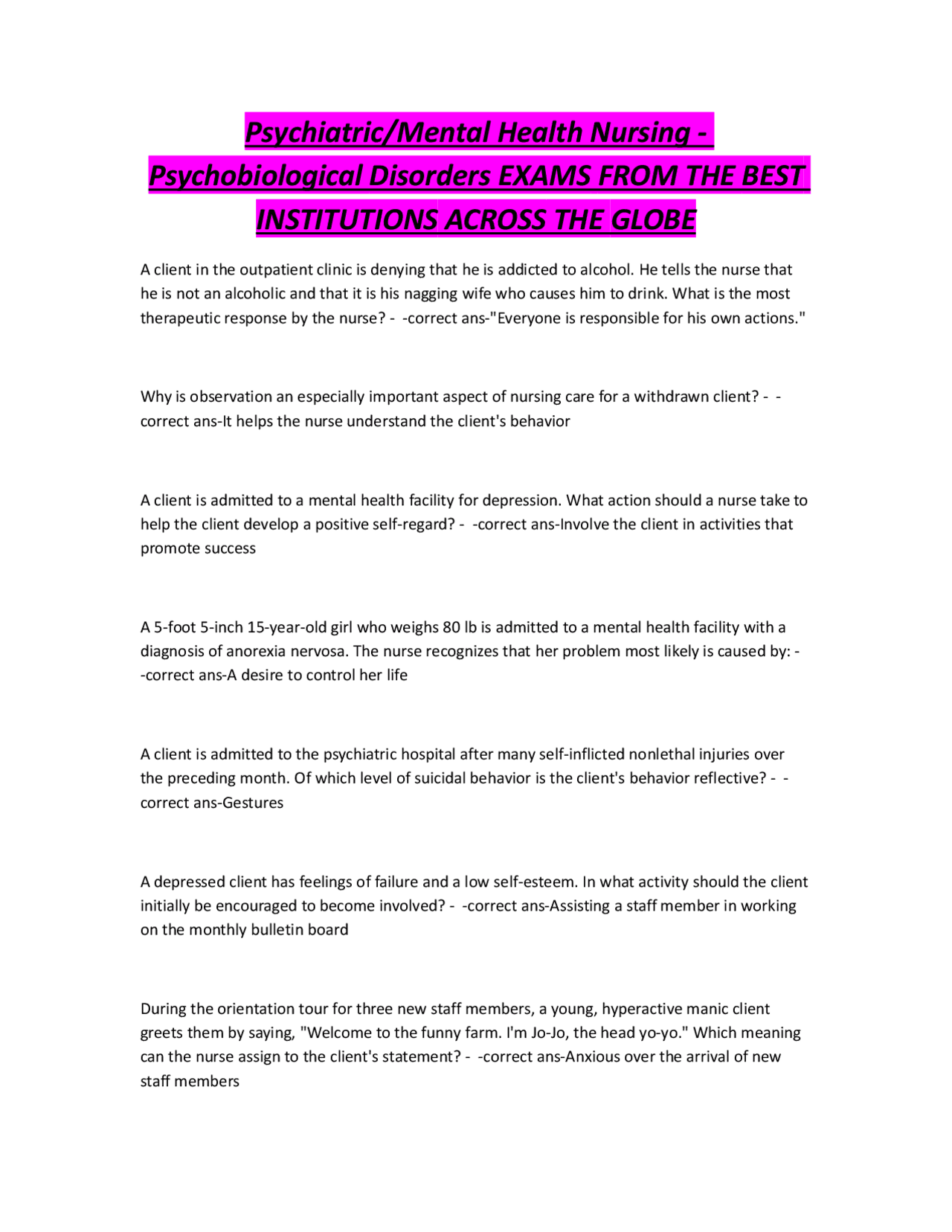 Psychiatric/Mental Health Nursing - Psychobiological Disorders: Exam ...