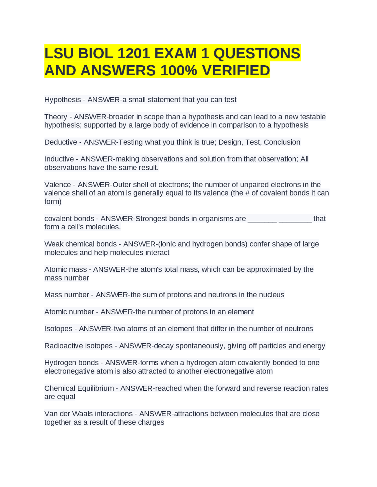 LSU BIOL 1201 EXAM 1 QUESTIONS AND ANSWERS 100% VERIFIED | Exams ...