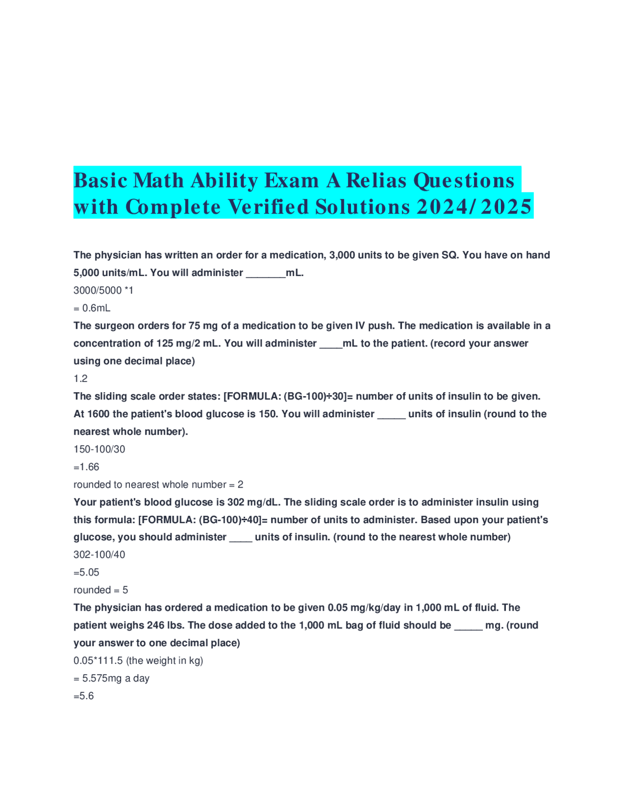 Basic Math Ability Exam A Relias Questions with Complete Verified Solutions 2024/2025 | Exams ...