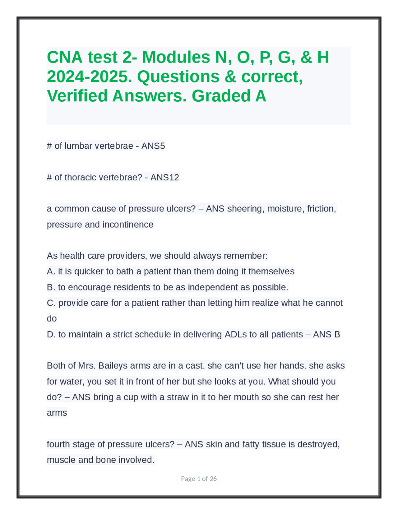 CNA Test 2: Modules N, O, P, G, & H - Questions and Answers | Exams ...