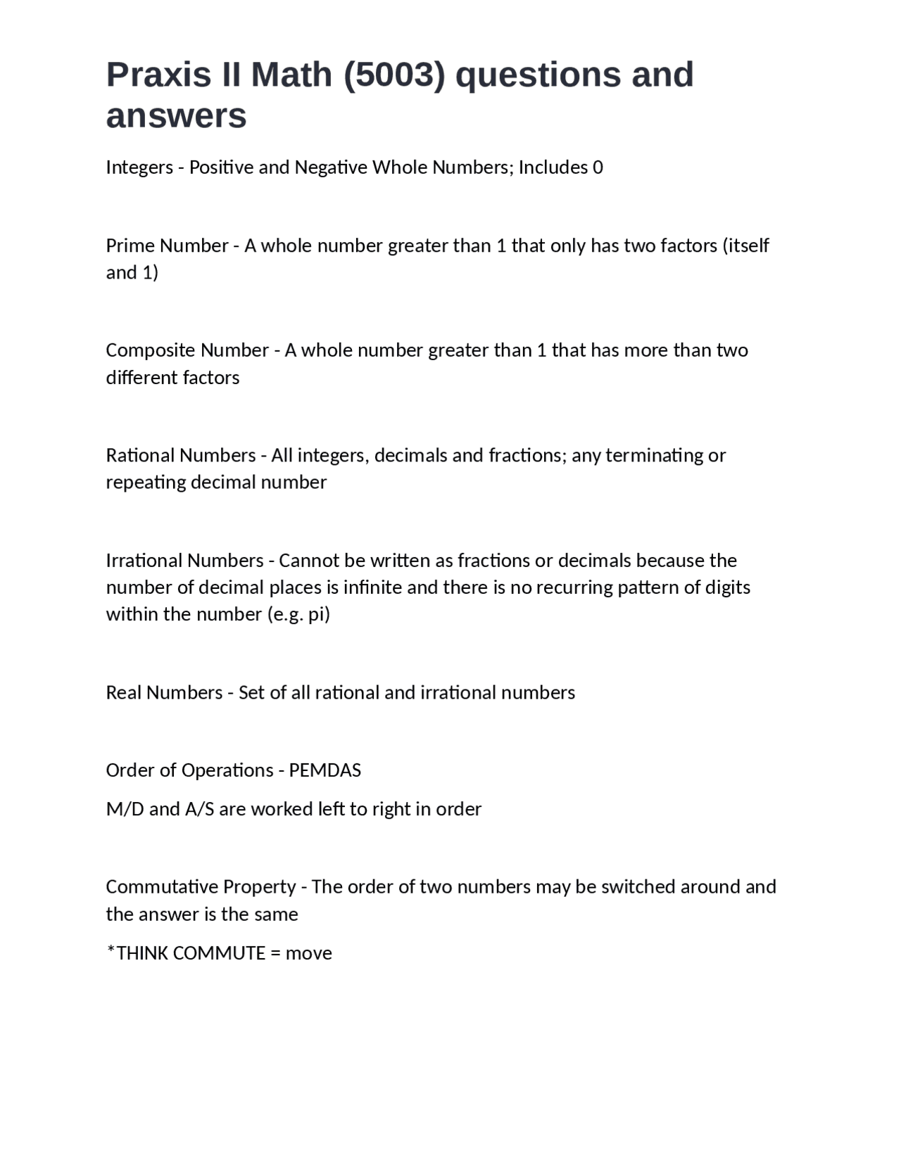 Praxis II Math (5003) Study Guide: Key Concepts and Definitions | Exams ...