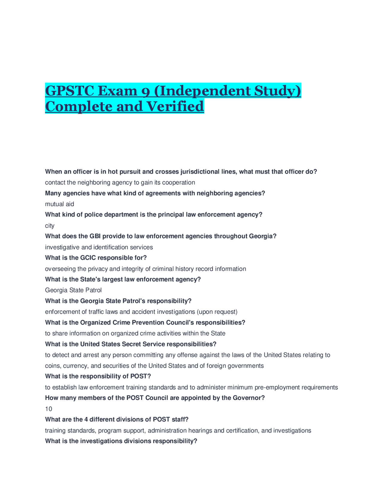 GPSTC Exam 9 (Independent Study) Complete and Verified | Exams Law | Docsity