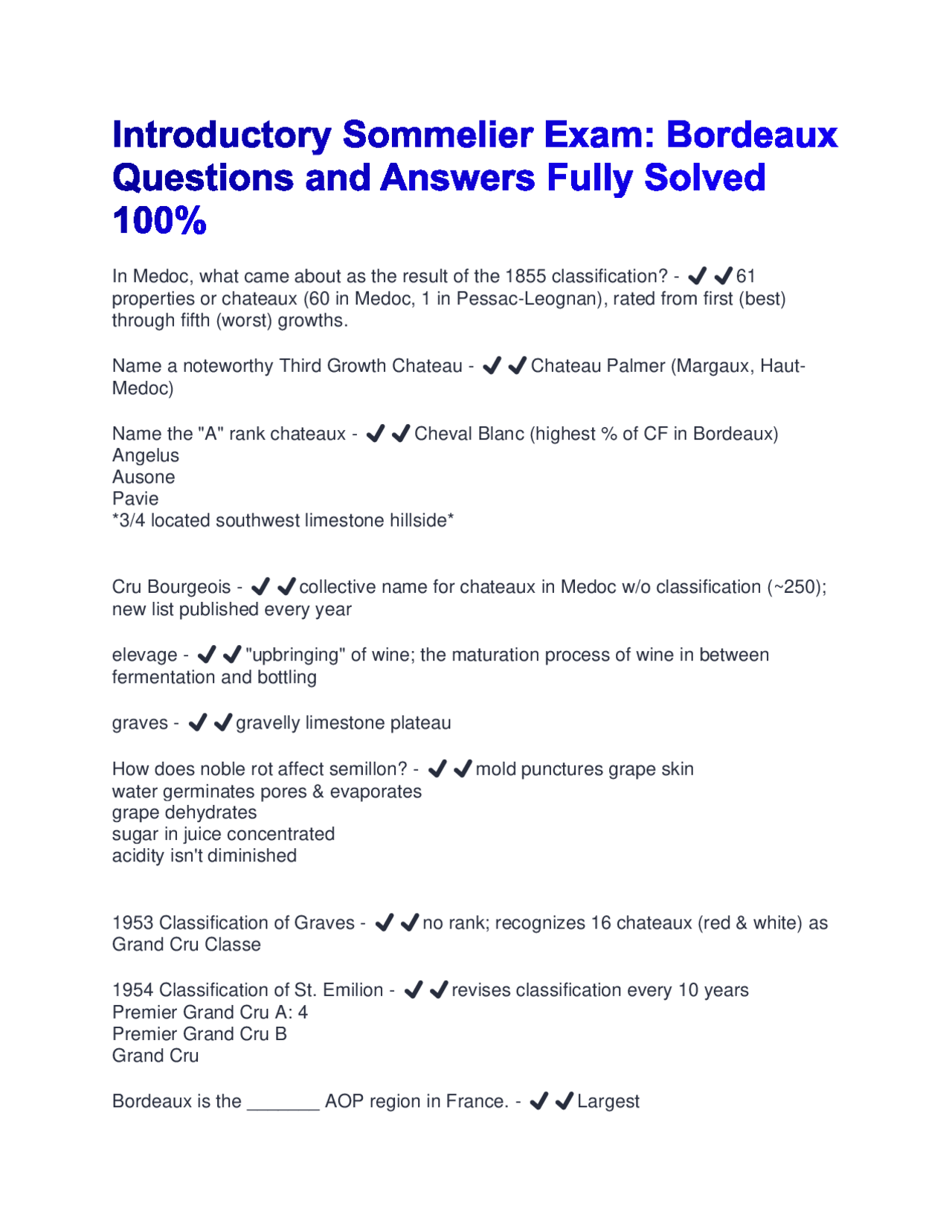 Introductory Sommelier Exam: Bordeaux Questions and Answers Fully Solved 100% | Exams Winemaking ...