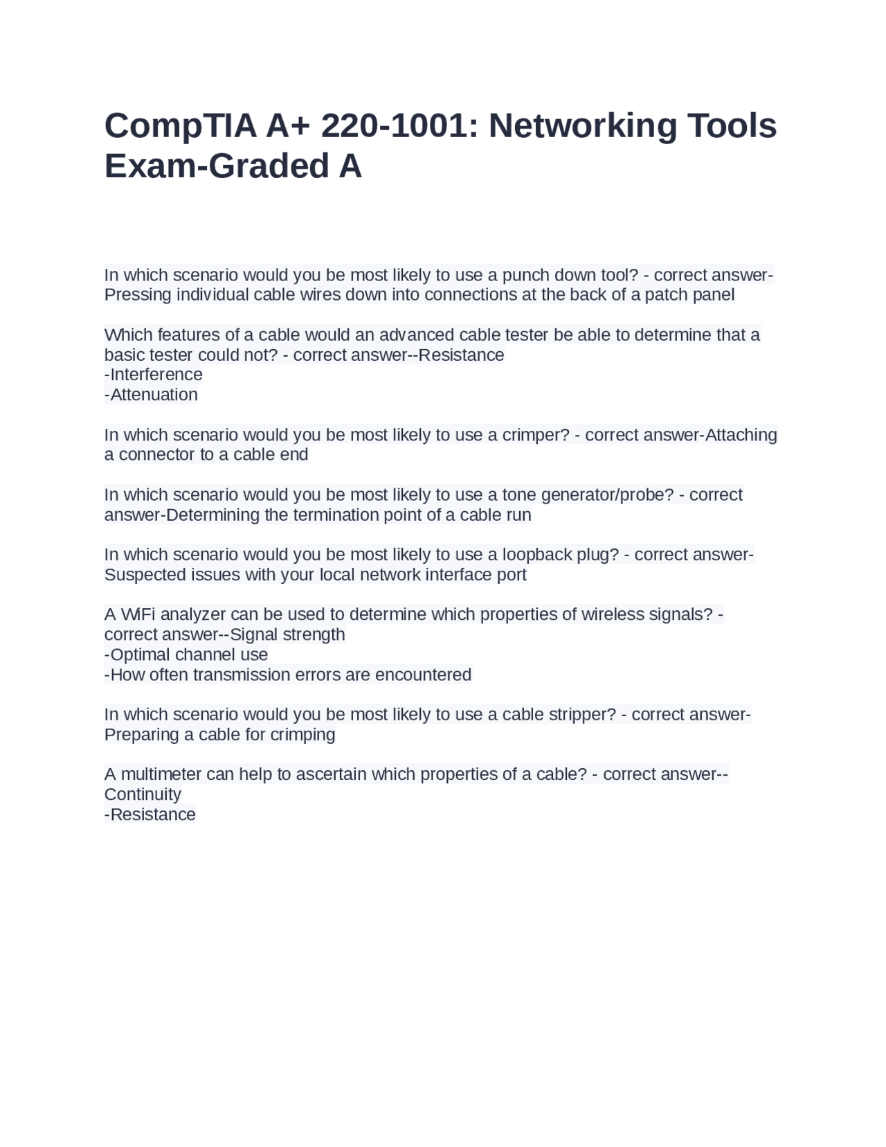 CompTIA A+ 220-1001: Networking Tools Exam-Graded Questions and Answers ...
