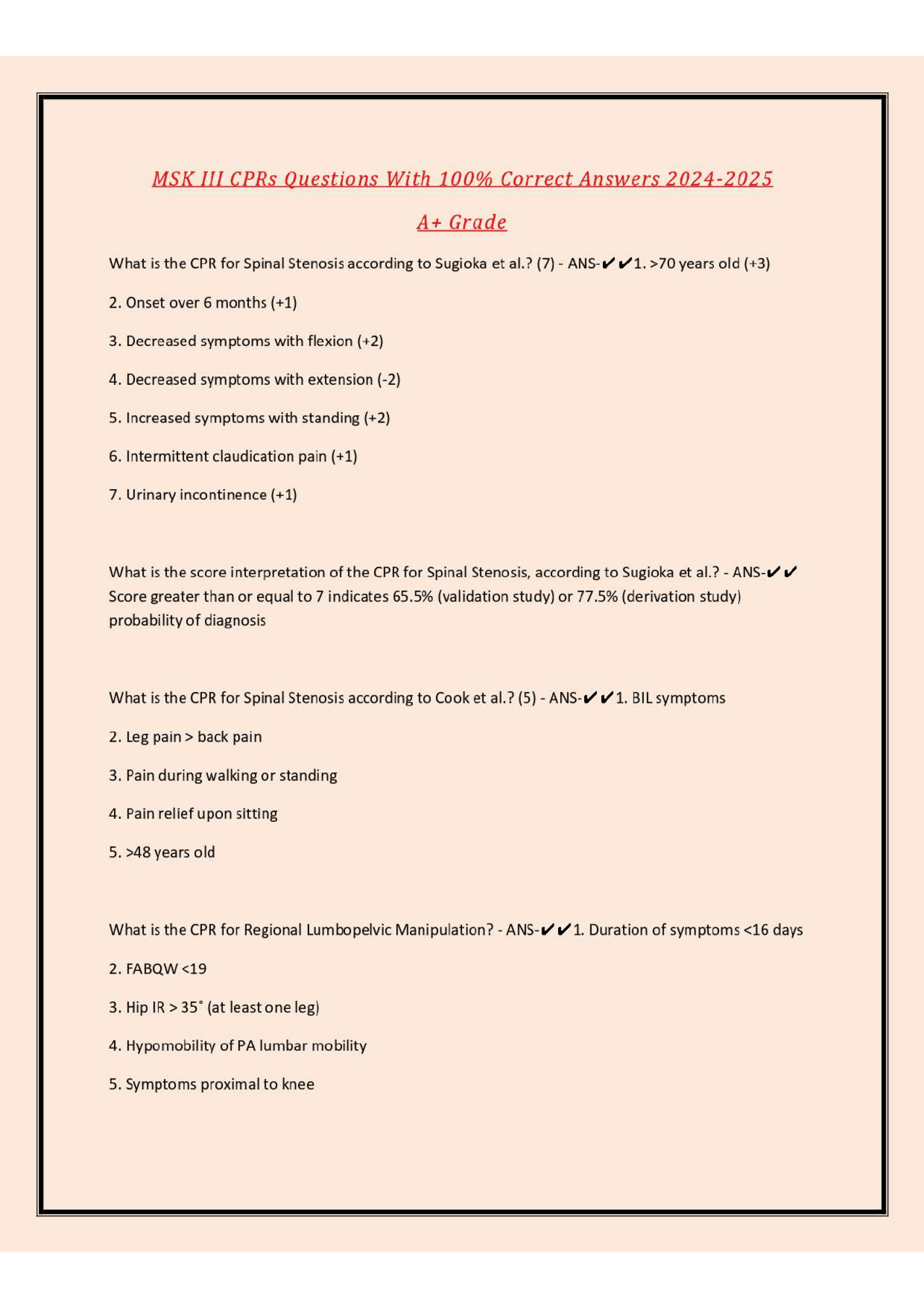 MSK III CPRs Questions With 100% Correct Answers 2024-2025 A+ Grade ...