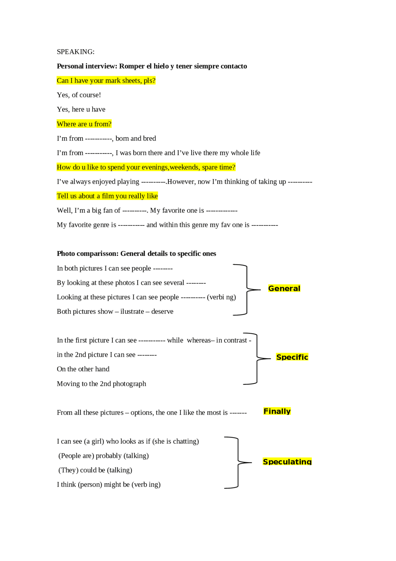 Model of a Speaking Test | Apuntes de Inglés | Docsity