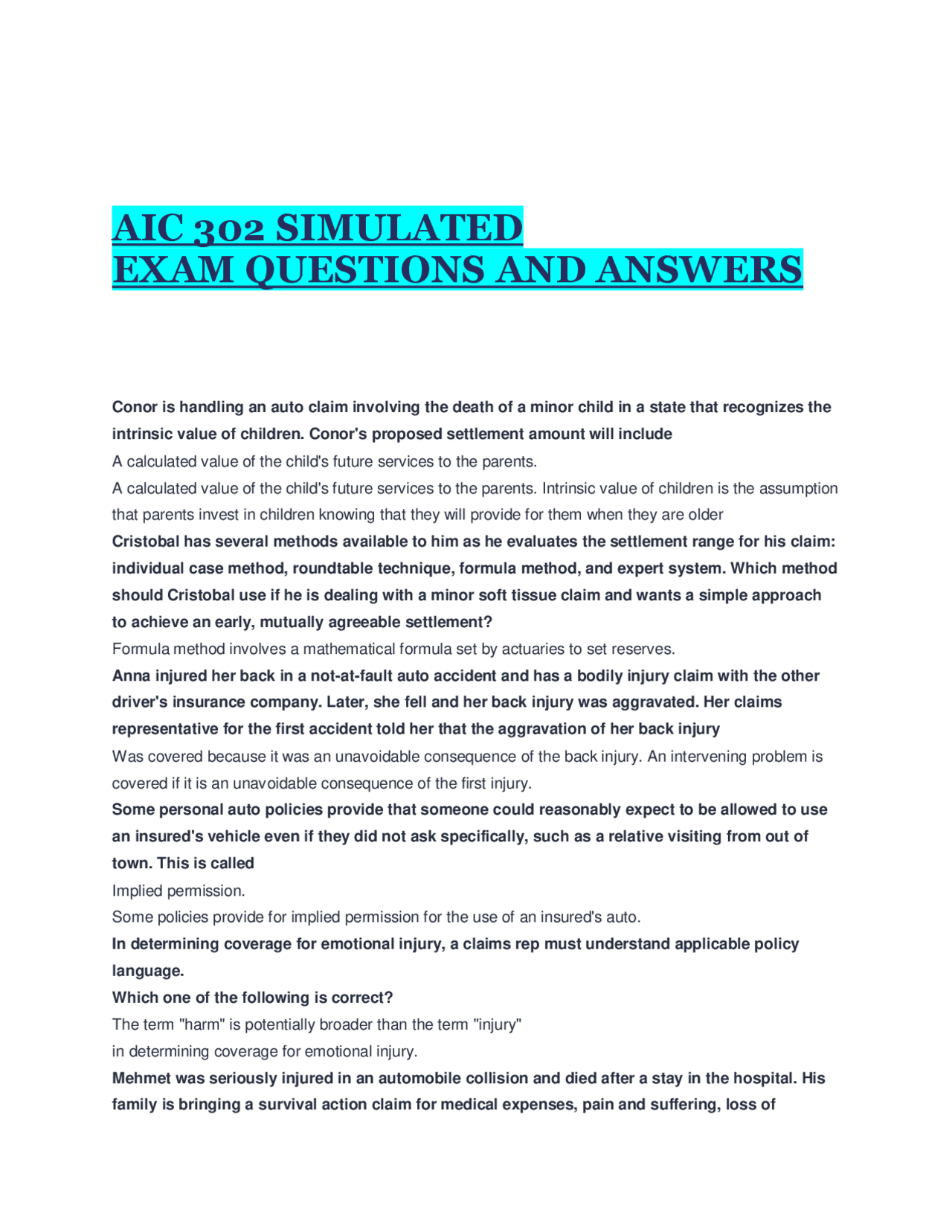 AIC 302 Simulated Exam Questions and Answers: Auto Insurance Claims ...