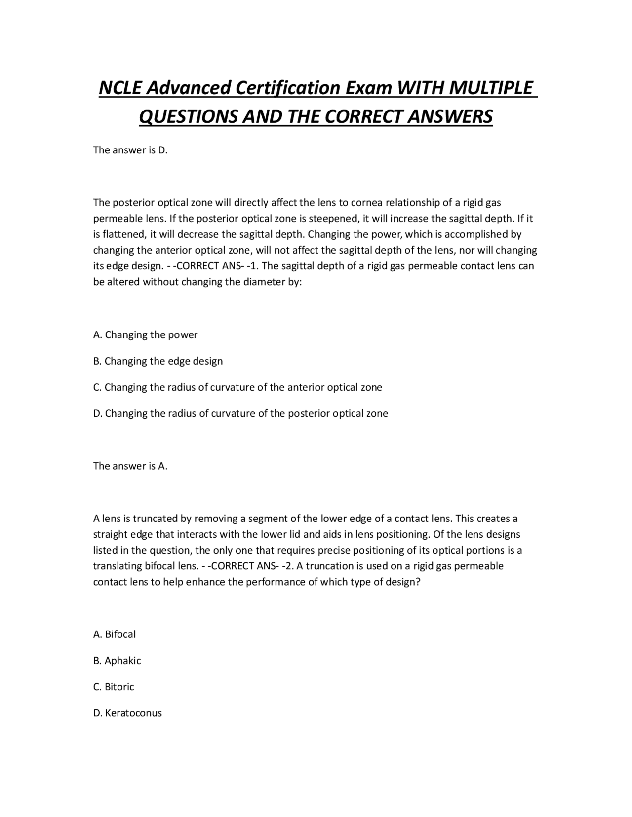 NCLE Advanced Certification Exam: Rigid Gas Permeable Contact Lenses ...