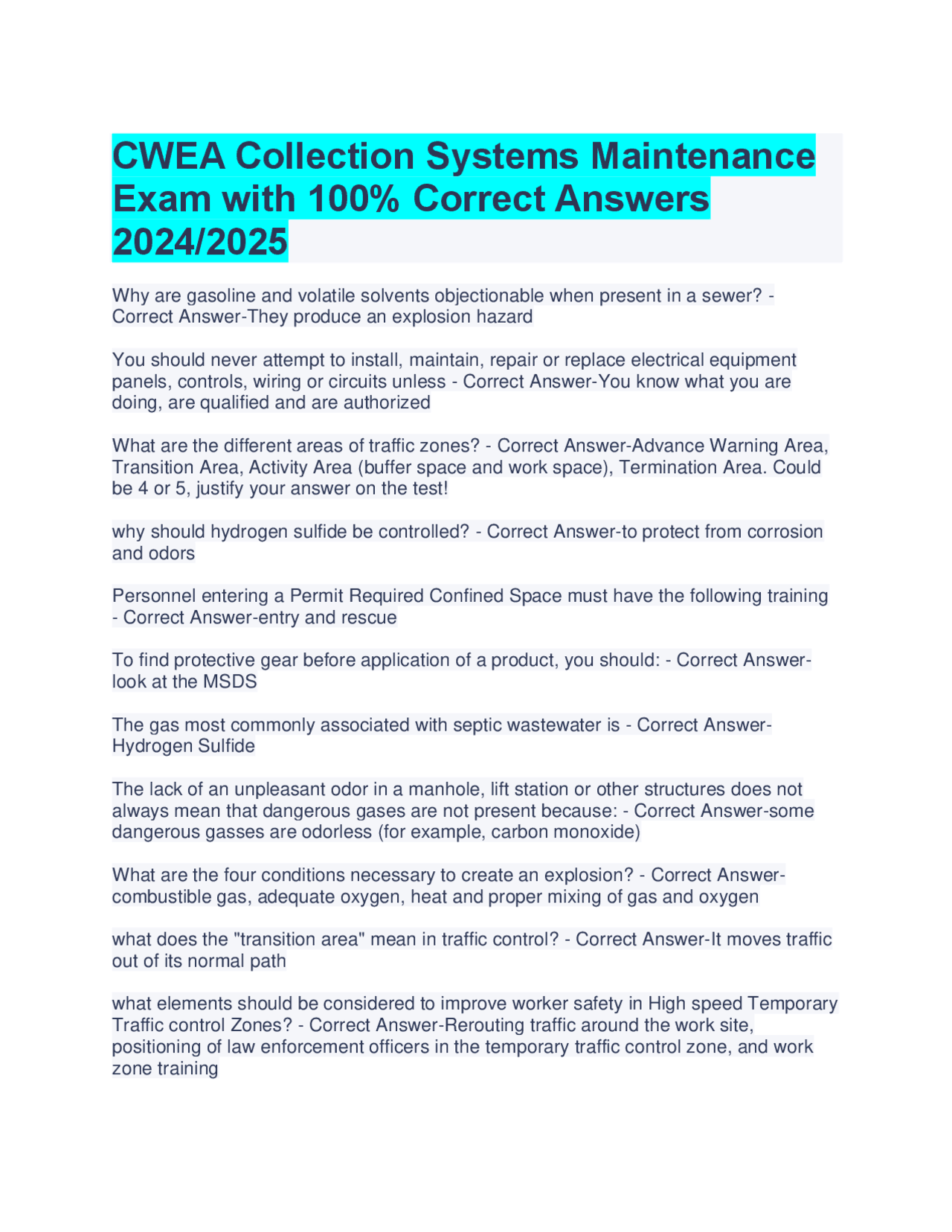 CWEA Collection Systems Maintenance Exam with 100% Correct Answers 2024 ...