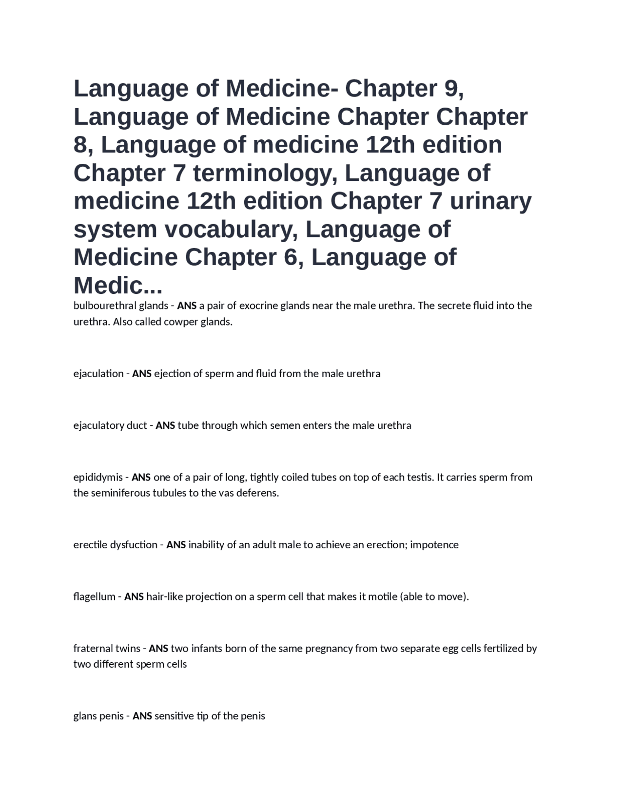 Medical Terminology: Reproductive System | Exams Medicine | Docsity