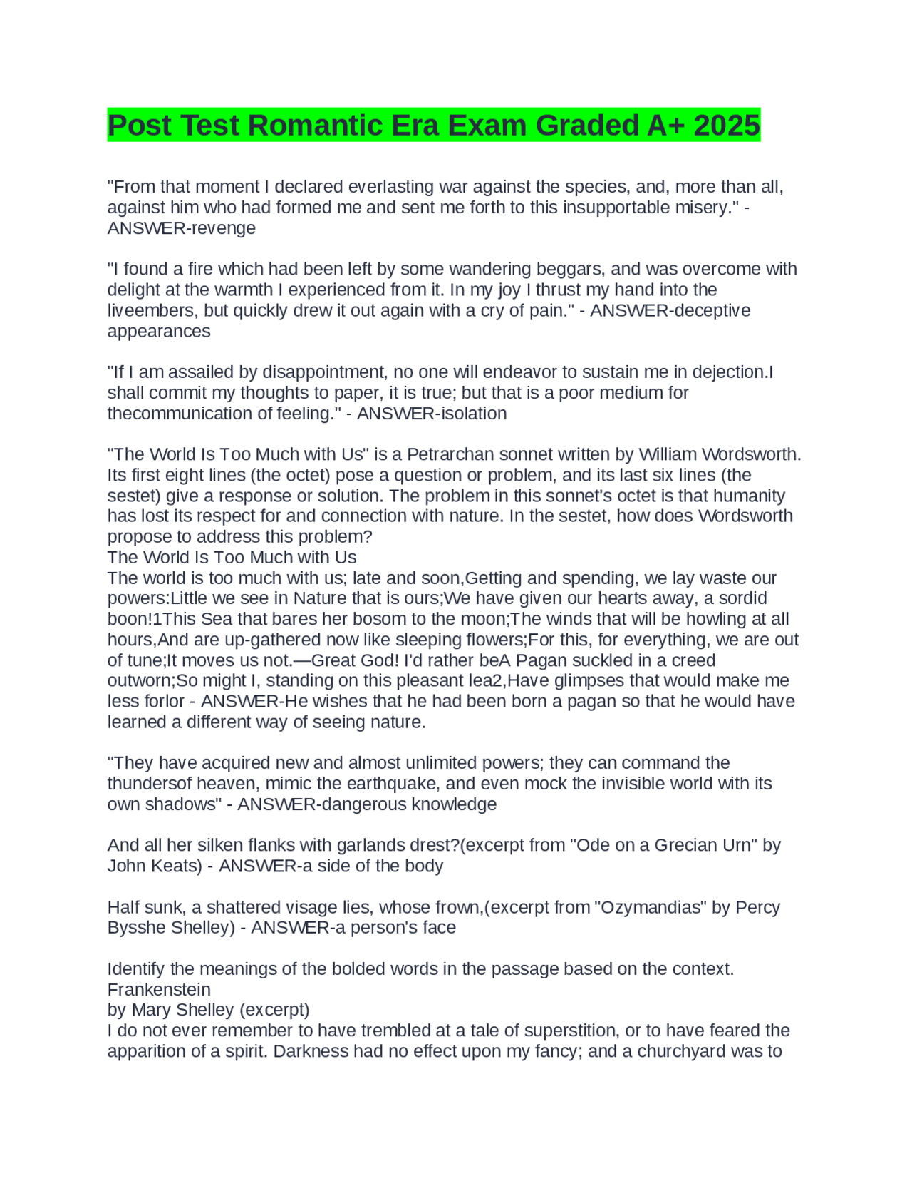 Romantic Era Literature: Post-Test Exam with Answers | Exams Advanced ...