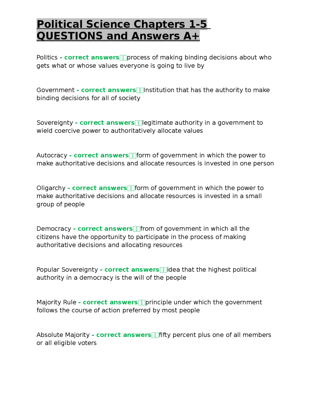 Political Science Chapters 1-5: Questions and Answers | Exams Political ...