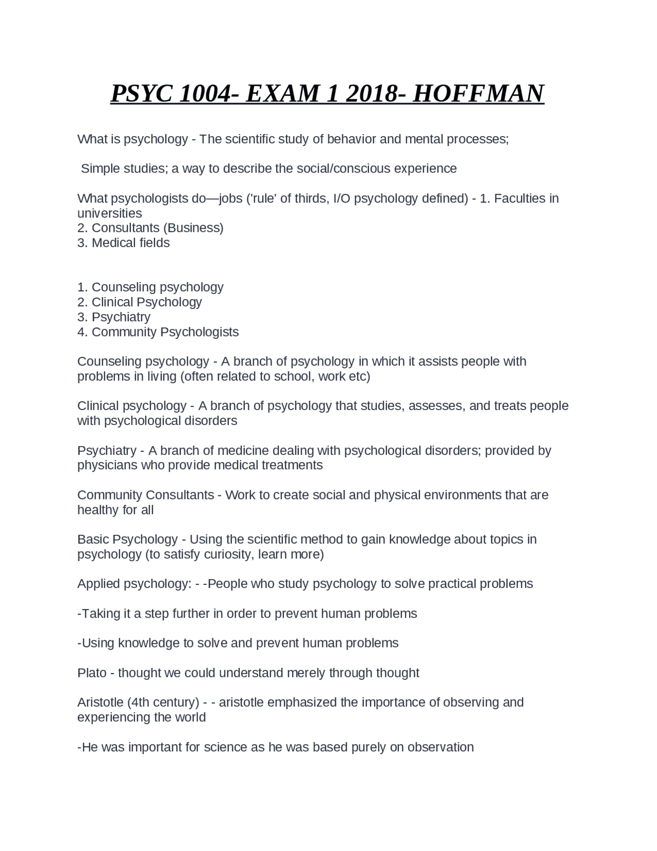 PSYC 1004 - Exam 1 2018 - Hoffman: Introduction to Psychology | Exams Advanced Education | Docsity