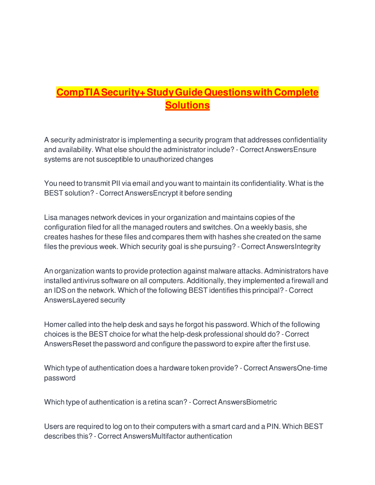 CompTIA Security+ Study Guide Questions and Answers | Exams Computer ...