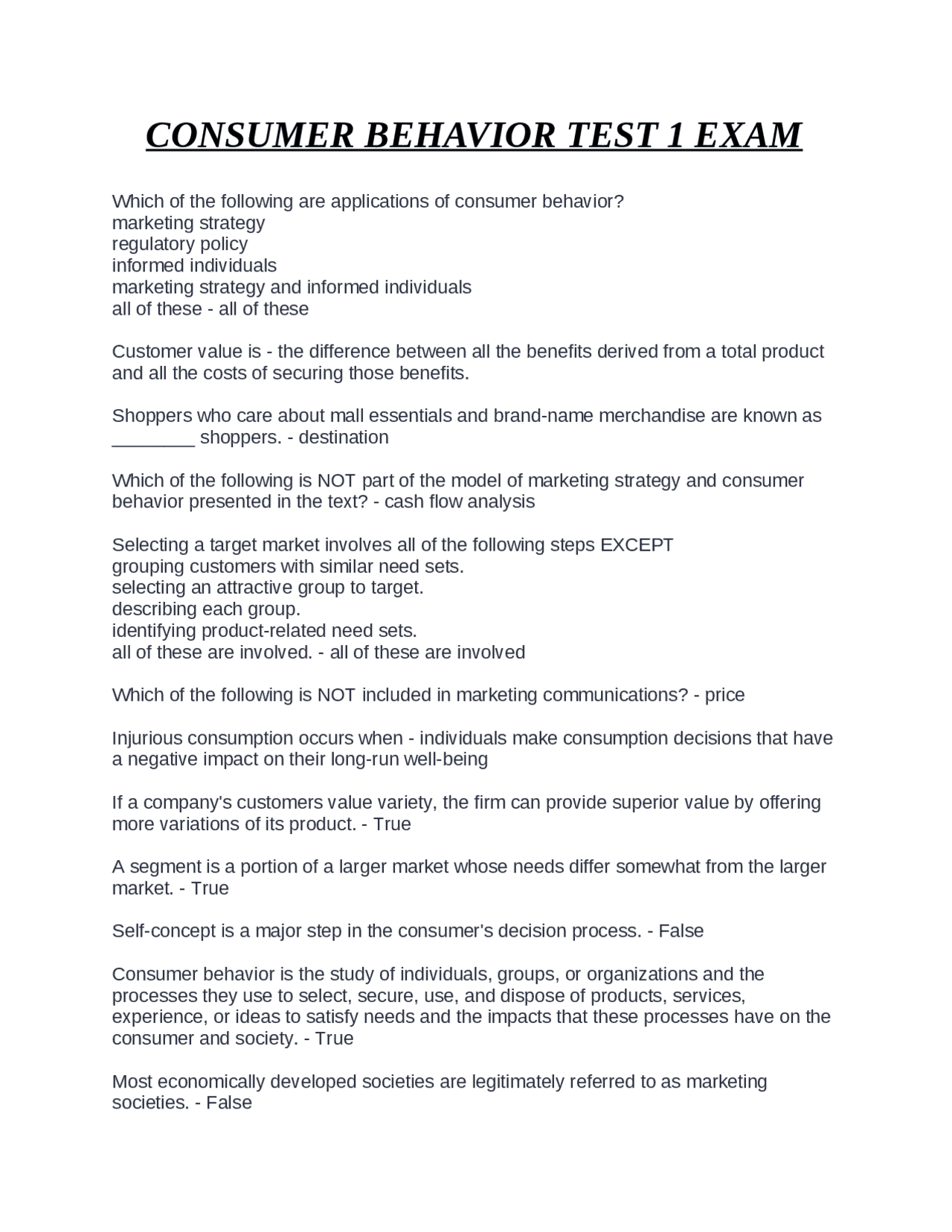 Consumer Behavior Test 1 Exam: Multiple Choice Questions and Answers ...