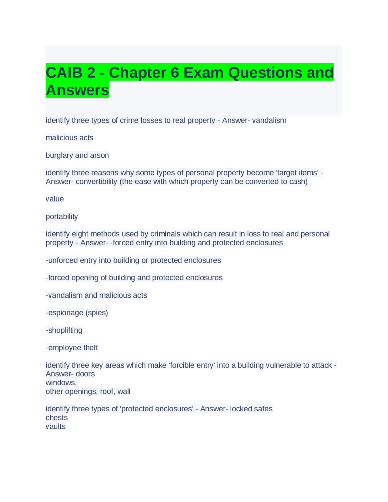 CAIB 2 - Chapter 6 Exam Questions and Answers: Real and Personal Property Security | Exams ...