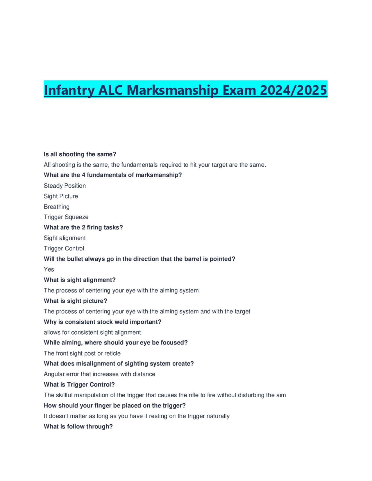 Infantry ALC Marksmanship Exam 2024/2025: Fundamentals, Ballistics, and ...