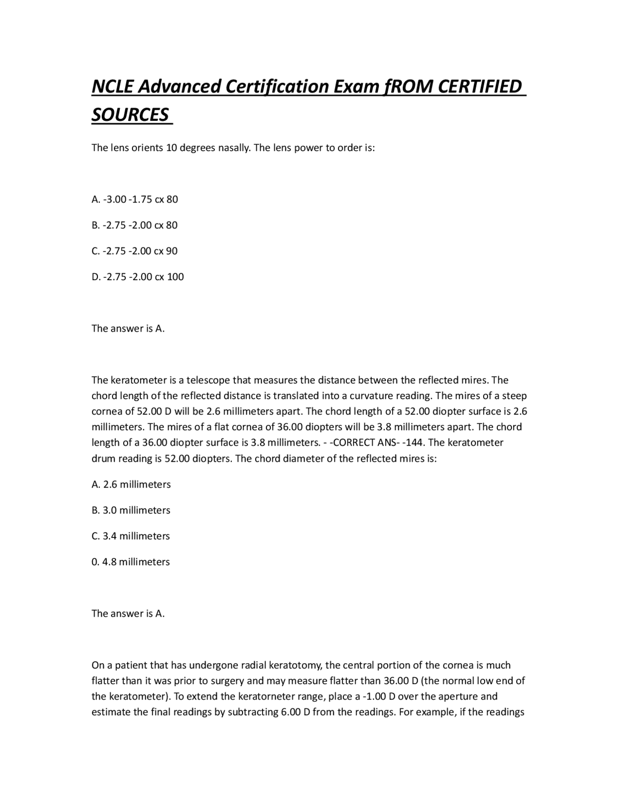 NCLE Advanced Certification Exam: Optics and Contact Lens Fitting ...