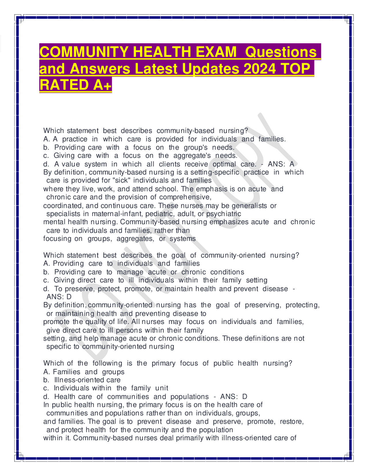 Community Health Exam Questions and Answers: Latest Updates 2024 ...