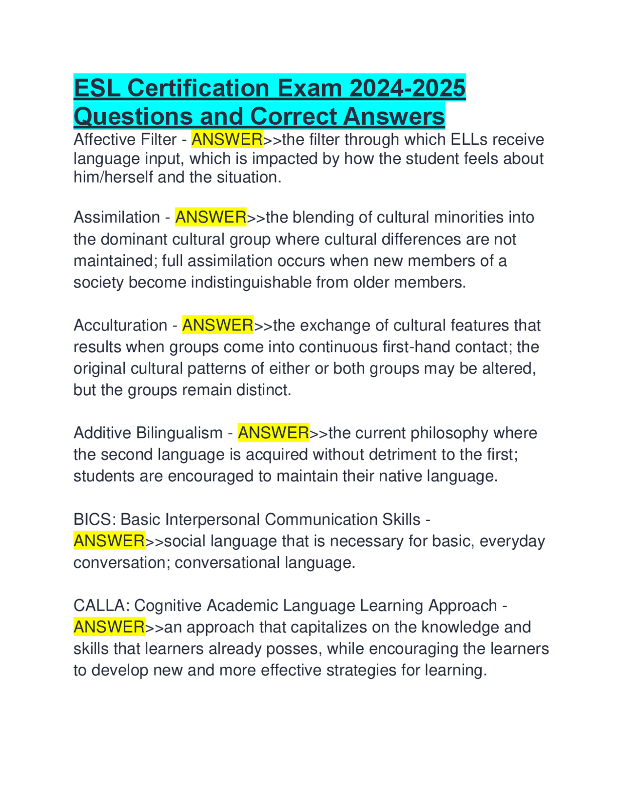 ESL Certification Exam 2024-2025 Questions and Correct Answers | Exams ...