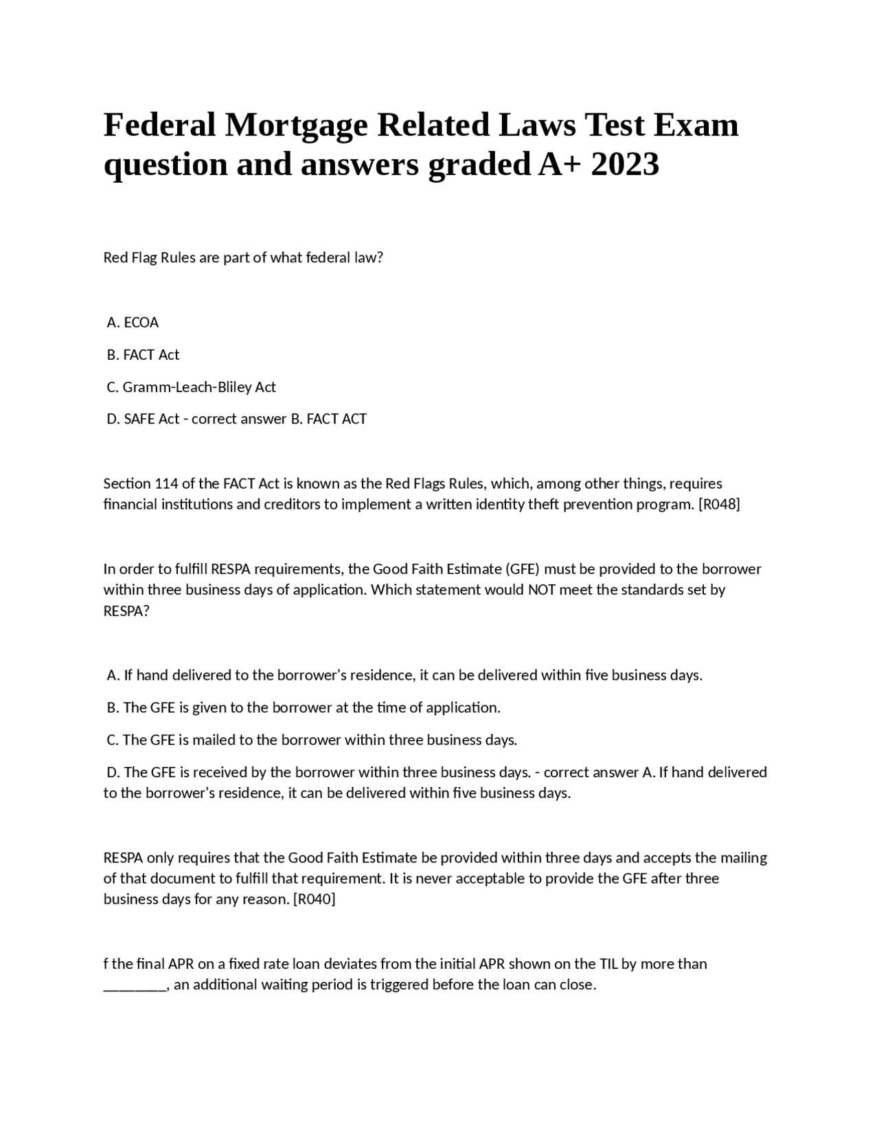 Federal Mortgage Related Laws Test Exam: Questions and Answers | Exams ...