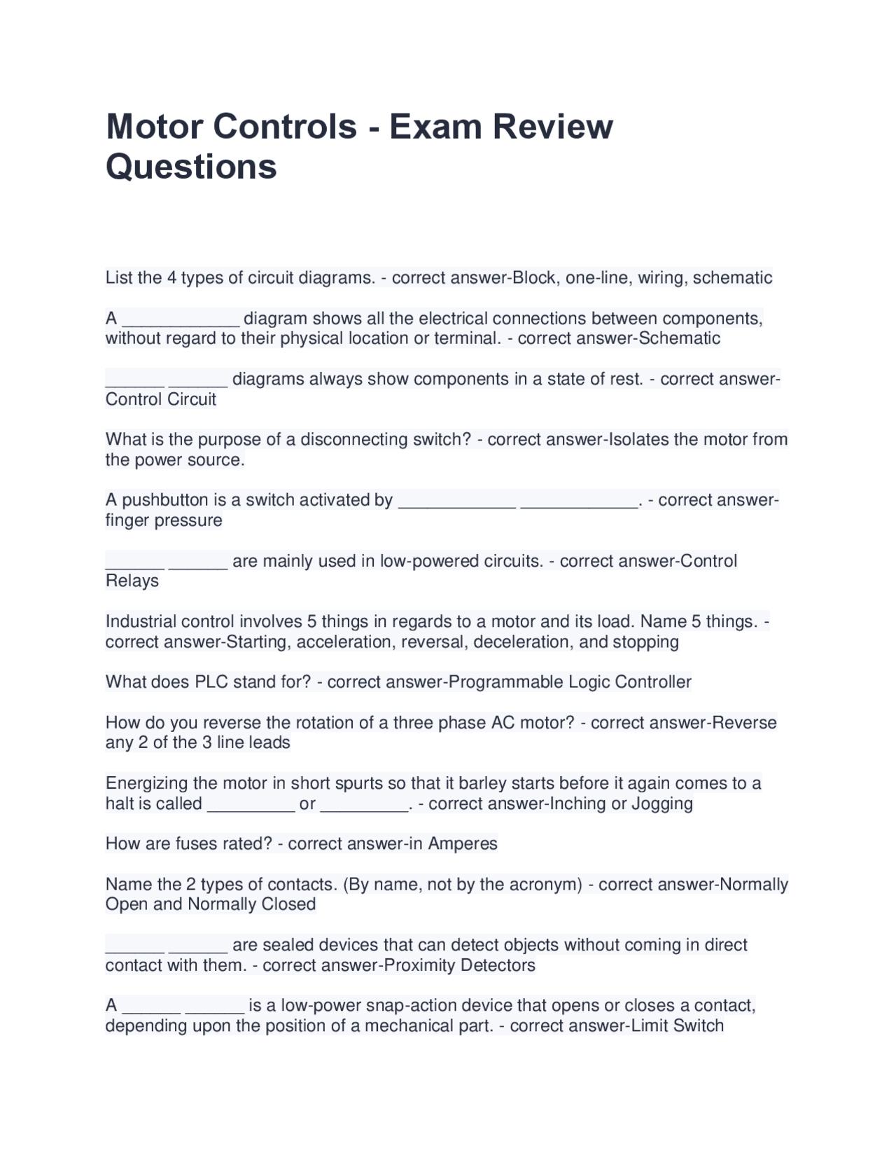 Motor Controls Exam Review: Questions and Answers | Exams Advanced ...