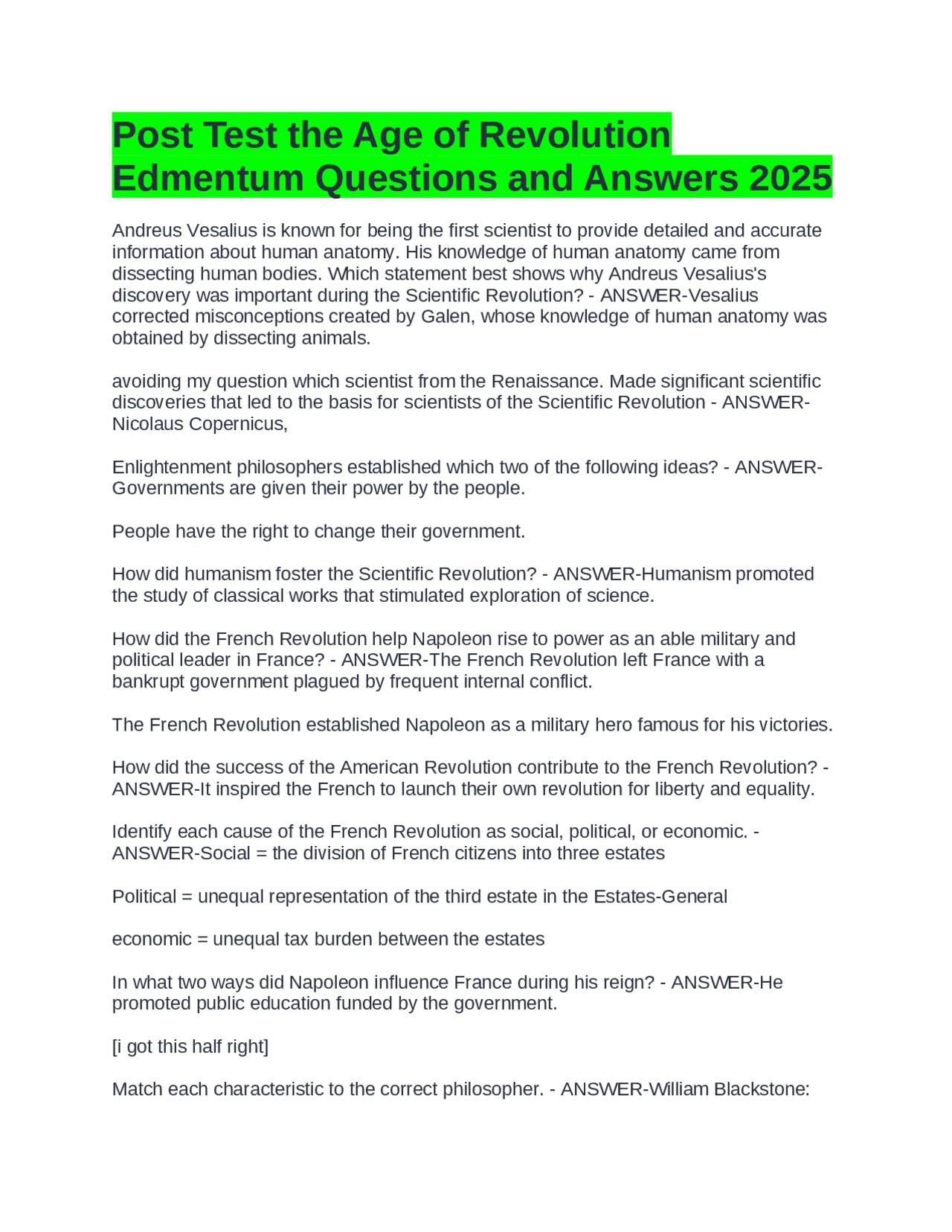 The Age of Revolution: Multiple Choice Questions and Answers | Exams ...