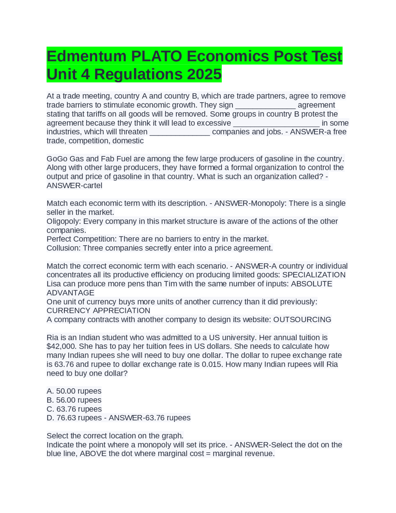 Economics Post Test: Unit 4 Regulations 2025 | Exams Economics | Docsity