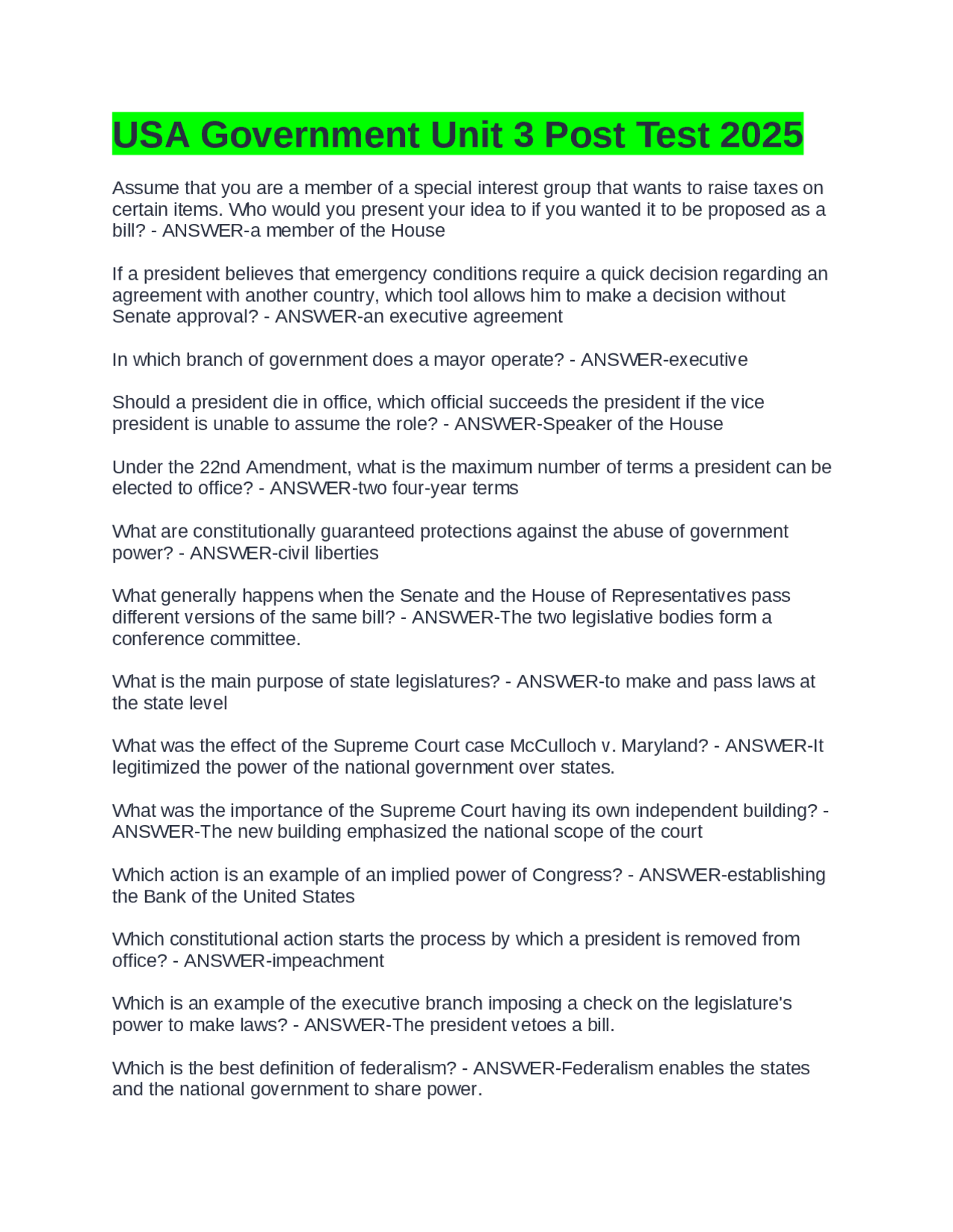 USA Government Unit 3 Post Test 2025: Multiple Choice Questions and ...