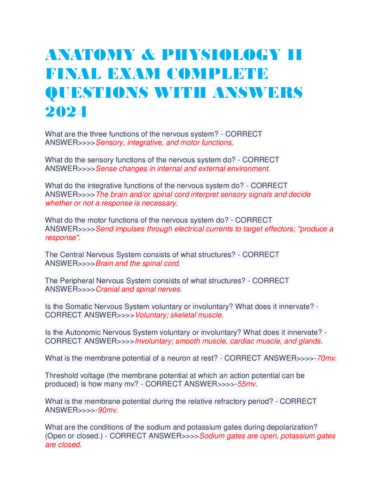ANATOMY & PHYSIOLOGY II FINAL EXAM COMPLETE QUESTIONS WITH ANSWERS 2024 ...