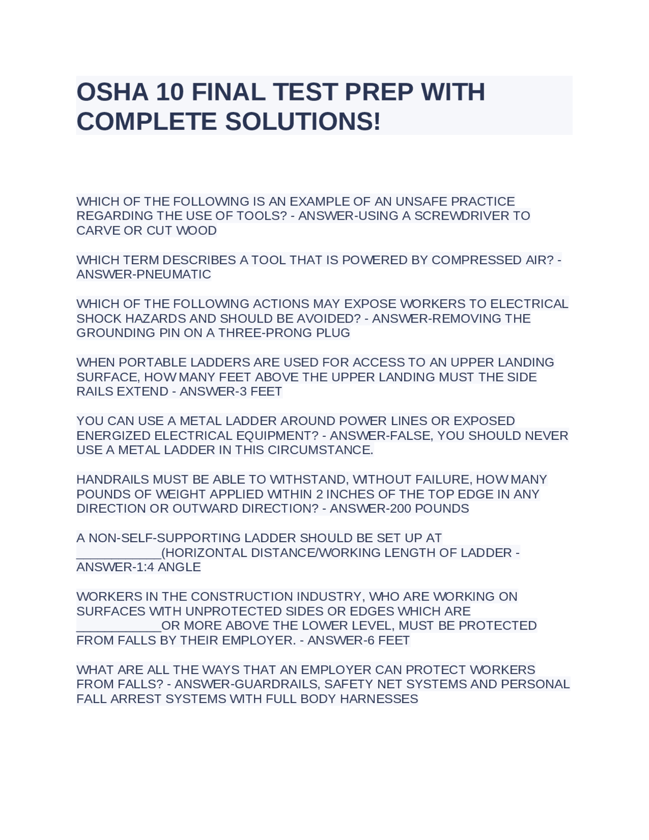 OSHA 10 Final Test Prep with Complete Solutions | Exams Workplace ...