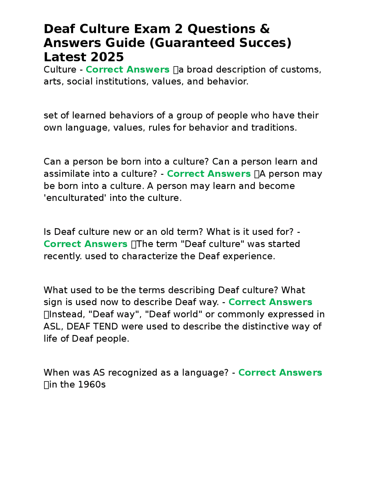 Deaf Culture Exam 2 Questions and Answers Guide | Exams Nursing | Docsity