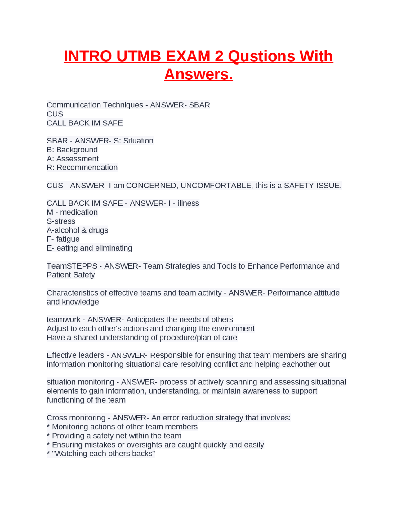 INTRO UTMB EXAM 2 Questions With Answers. | Exams Advanced Education | Docsity