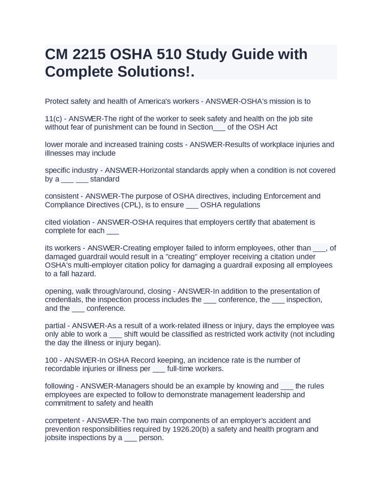 OSHA 510 Study Guide with Complete Solutions | Exams Workplace Safety ...