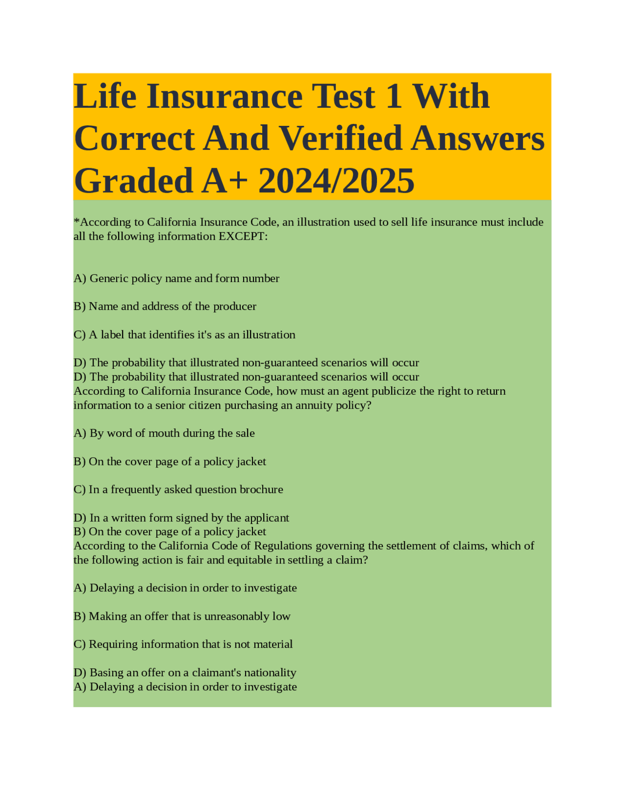 Life Insurance Test 1: Multiple Choice Questions and Answers | Exams ...