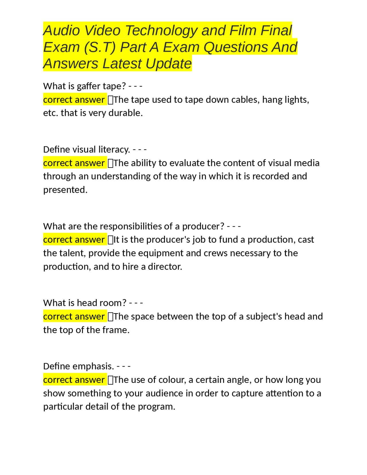 Audio Video Technology and Film Final Exam (S.T) Part A: Questions and ...