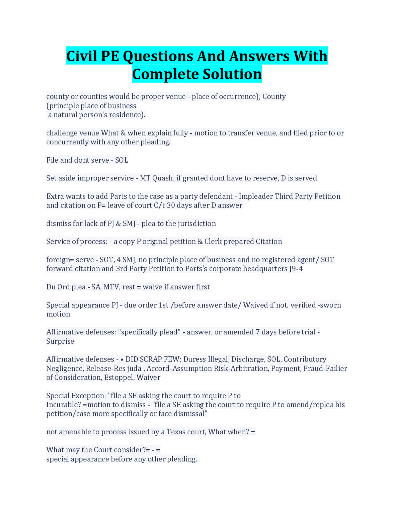 Civil Procedure Questions and Answers: A Guide to Texas Law | Exams ...