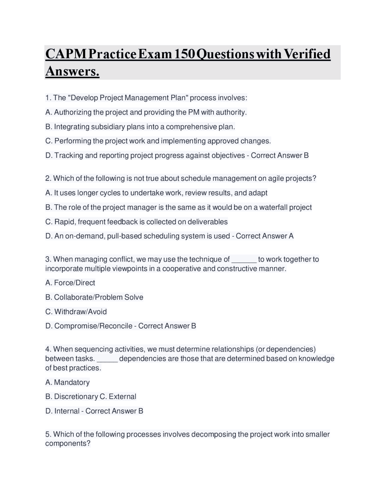 CAPM Practice Exam: 150 Questions with Verified Answers | Exams Company ...