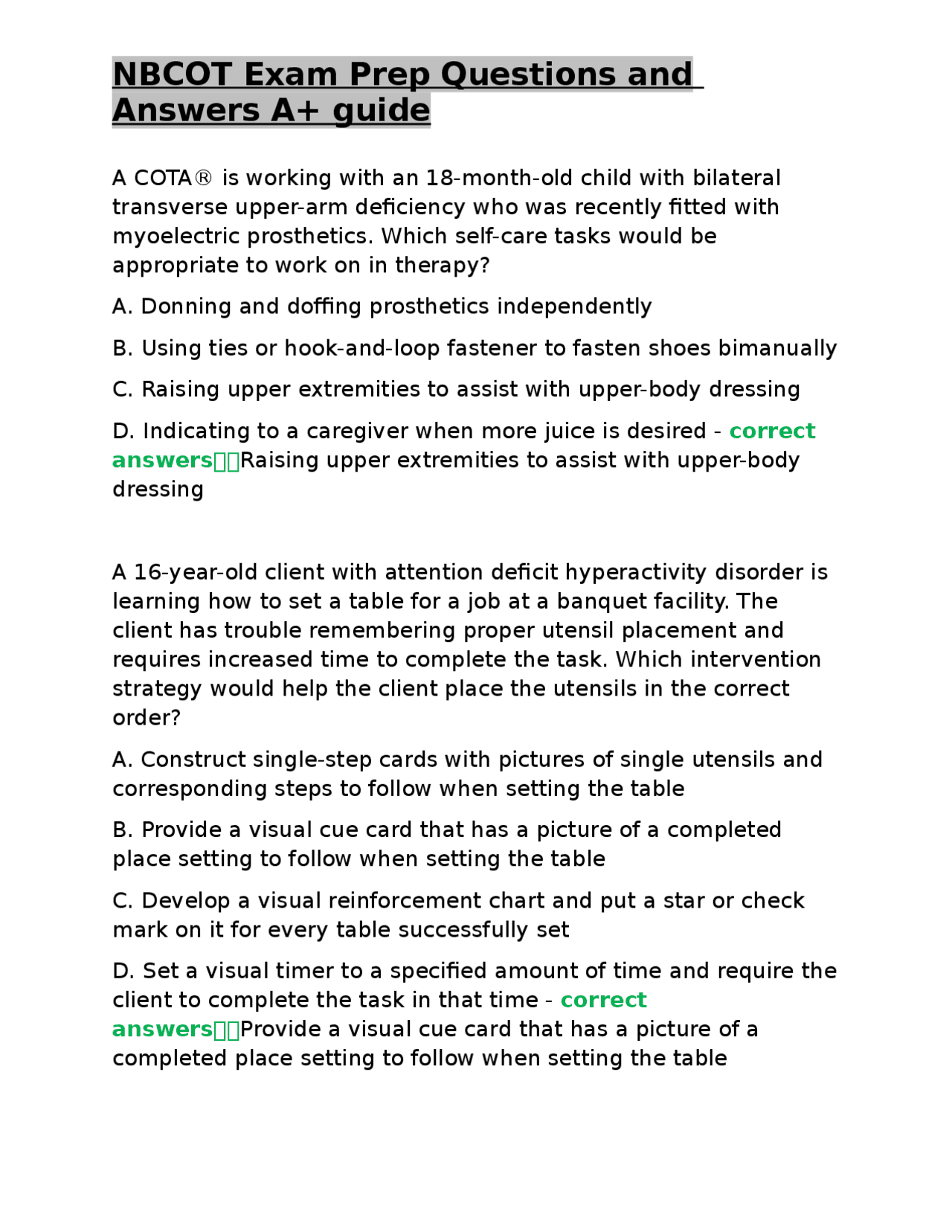 NBCOT Exam Prep Questions and Answers A+ guide | Exams Nursing | Docsity