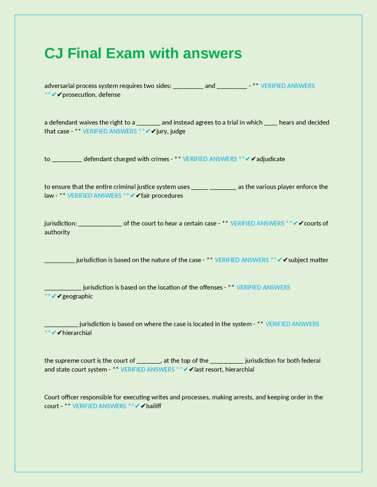 Criminal Justice Final Exam with Answers | Exams Criminal Justice | Docsity