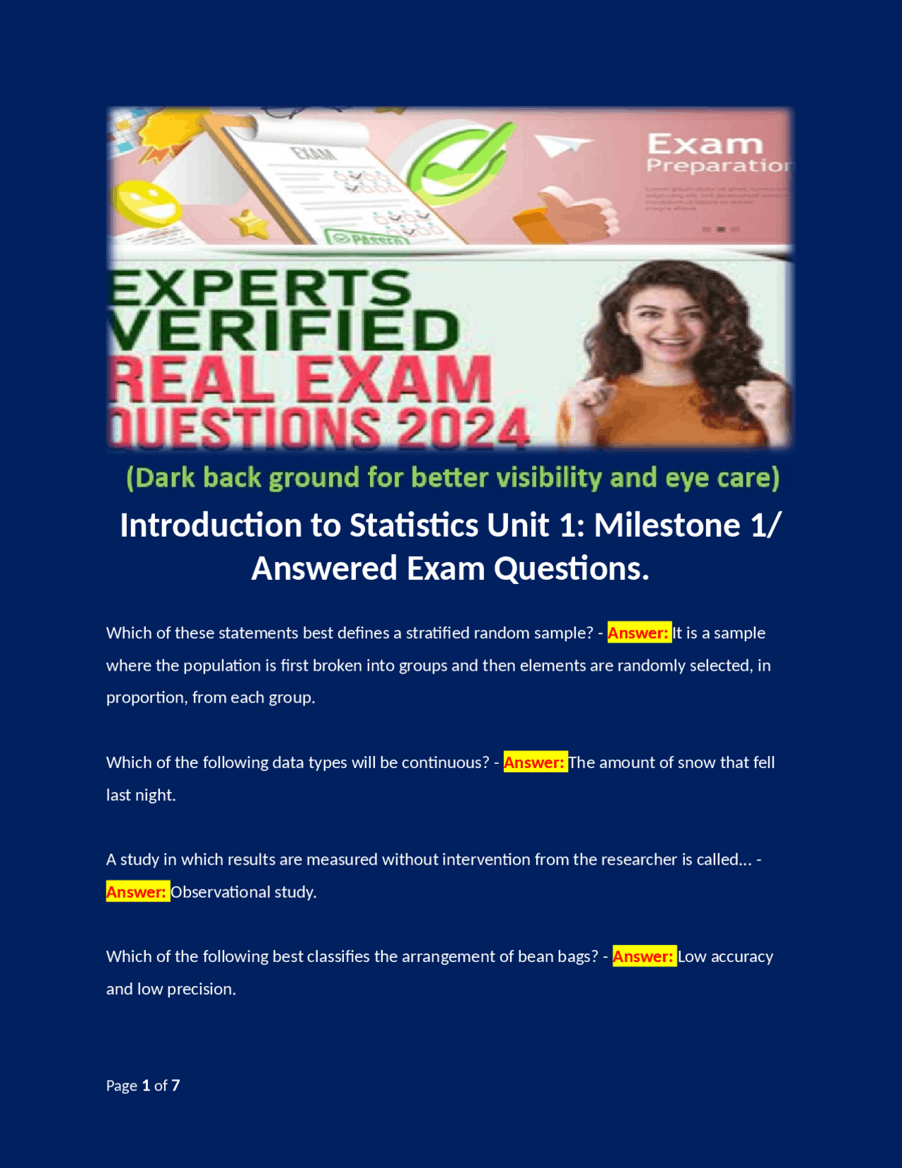 Introduction to Statistics Unit 1: Milestone 1/ Answered Exam Questions ...