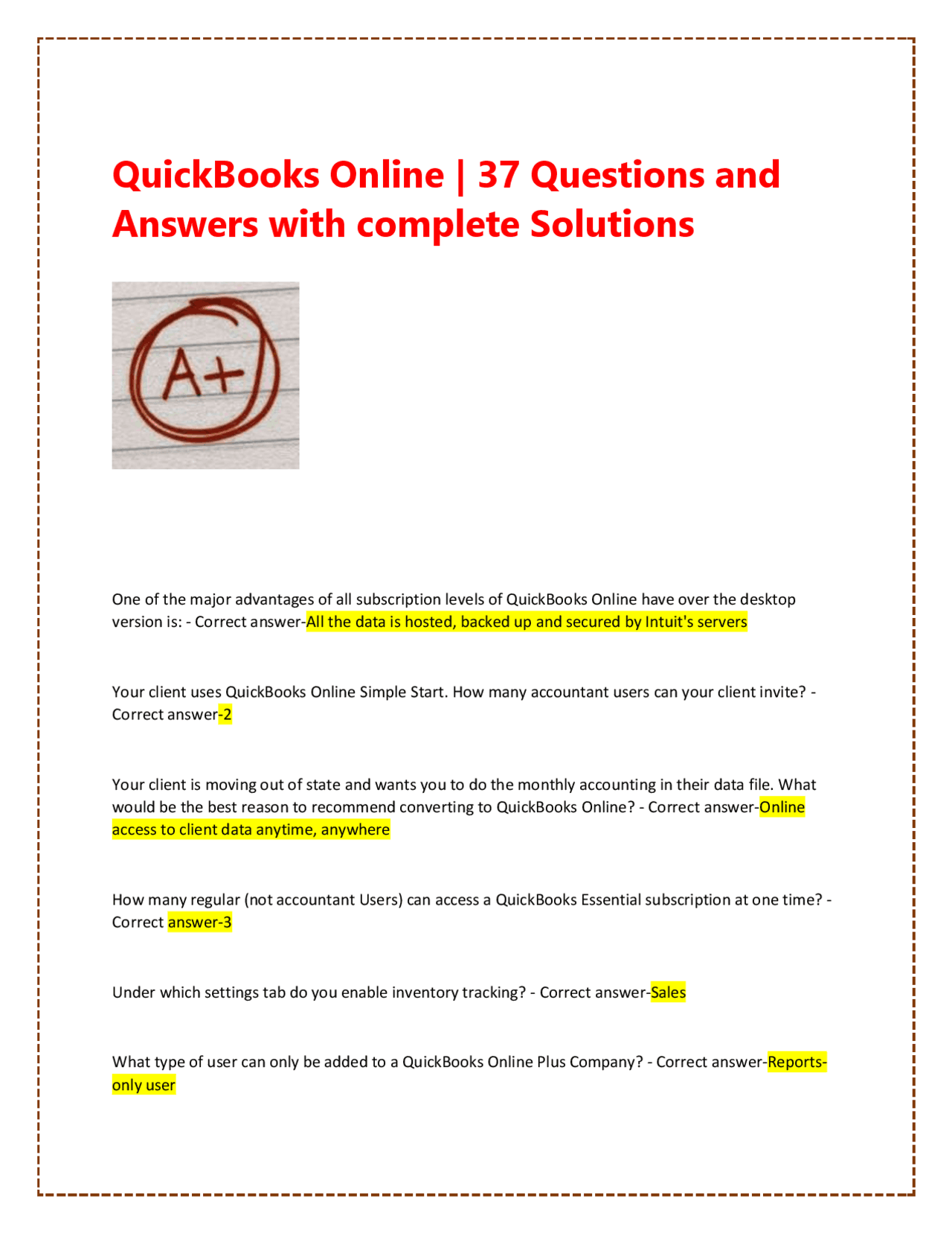 QuickBooks Online | 37 Questions and Answers with complete Solutions ...