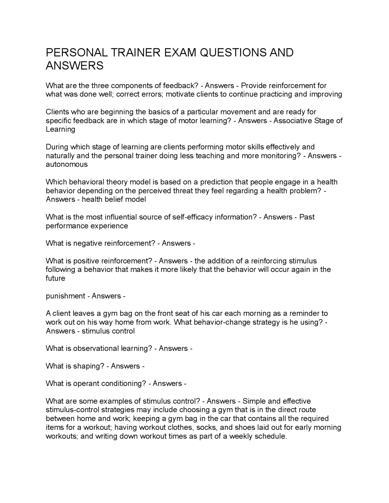 PERSONAL TRAINER EXAM QUESTIONS AND ANSWERS | Exams Social Sciences ...