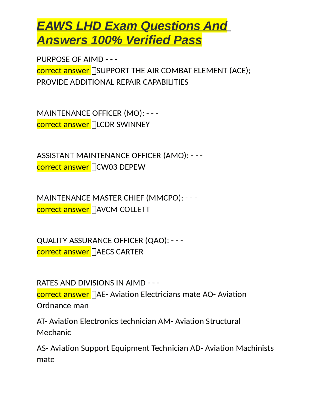 EAWS LHD Exam Questions and Answers: A Comprehensive Guide to Naval Aviation Maintenance | Exams ...