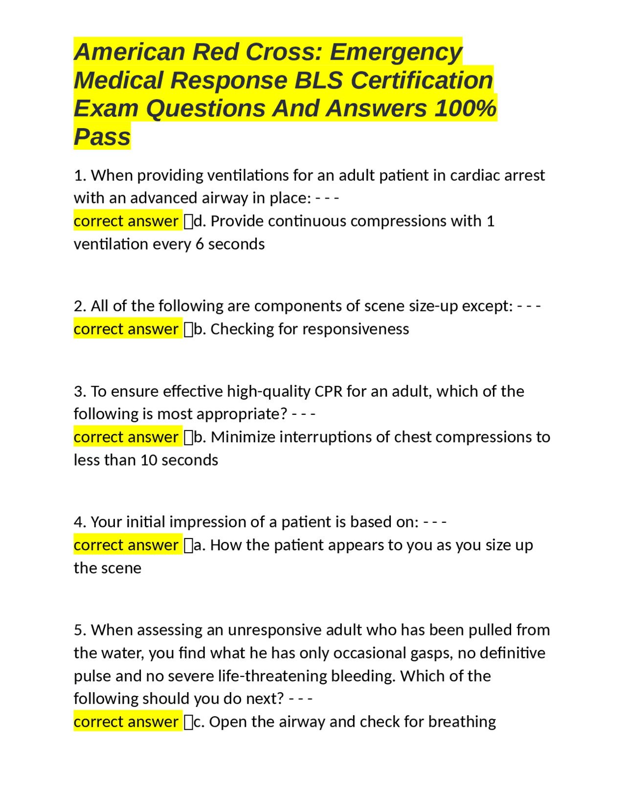American Red Cross Emergency Medical Response BLS Certification Exam ...
