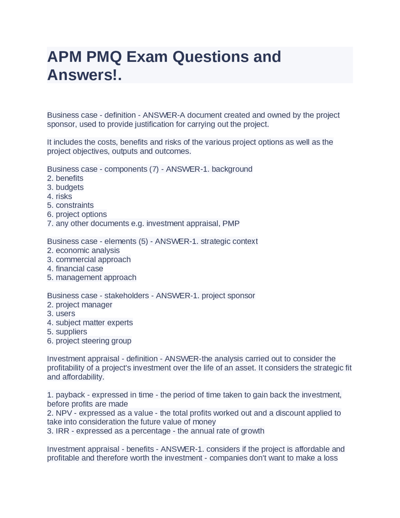 APM PMQ Exam Questions and Answers!. | Exams Advanced Education | Docsity