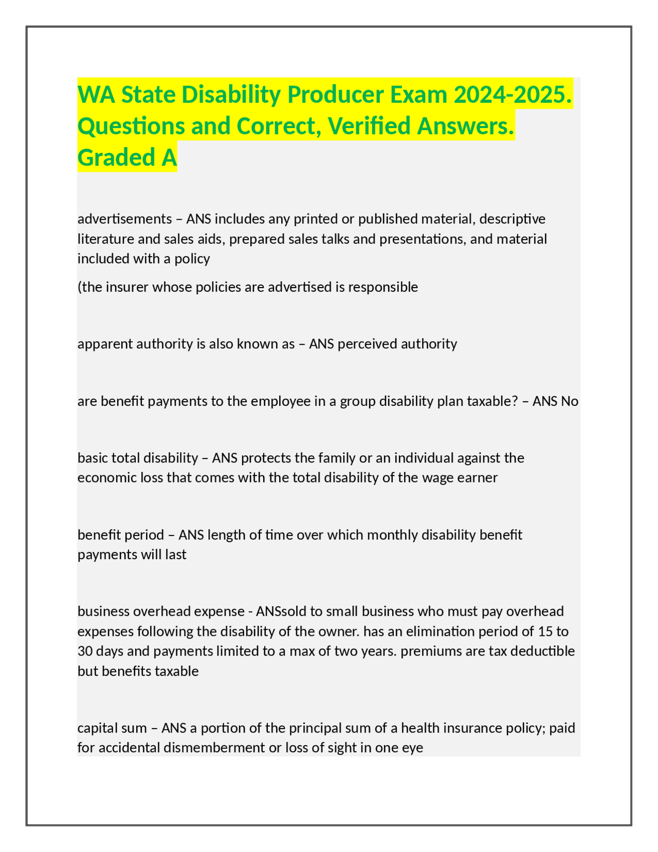 WA State Disability Producer Exam 2024-2025: Questions and Answers ...