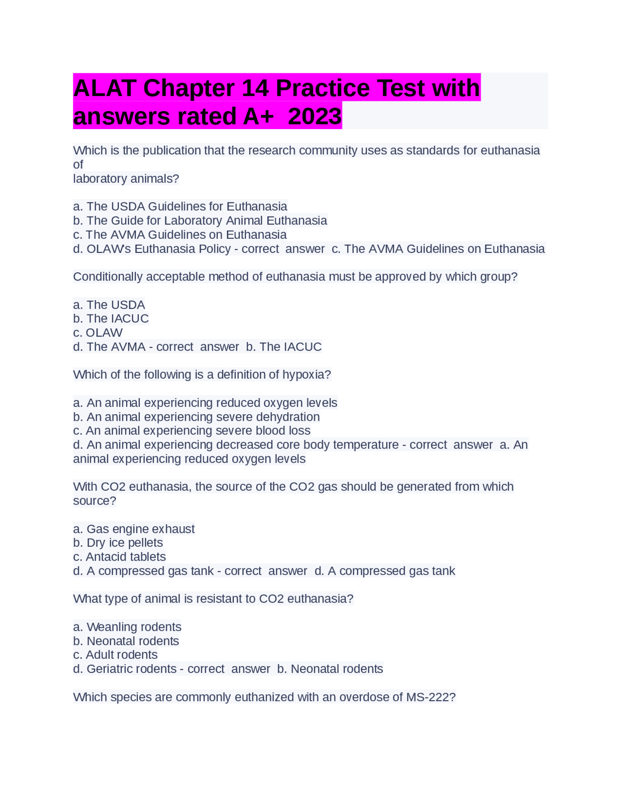 ALAT Chapter 14 Practice Test with Answers: Euthanasia of Laboratory ...