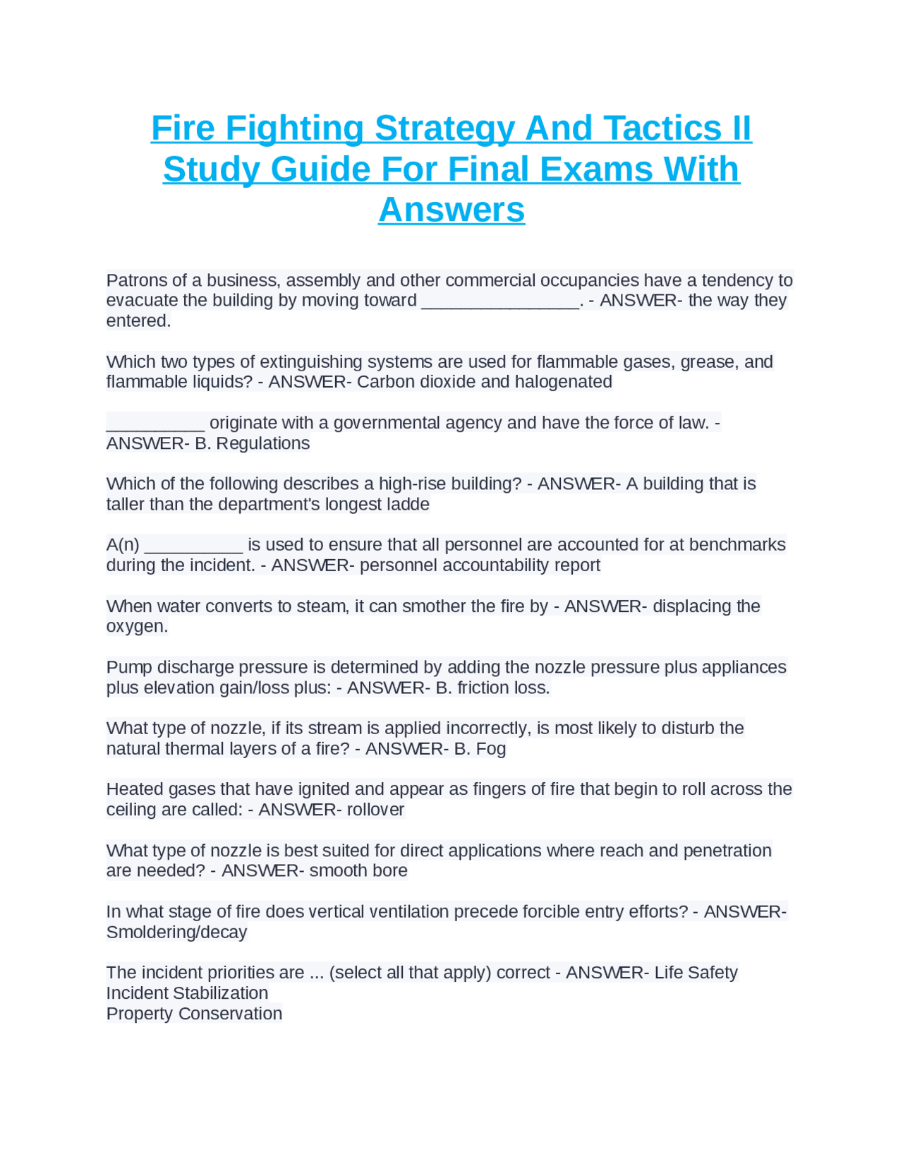 Fire Fighting Strategy And Tactics II: Study Guide For Final Exams With ...